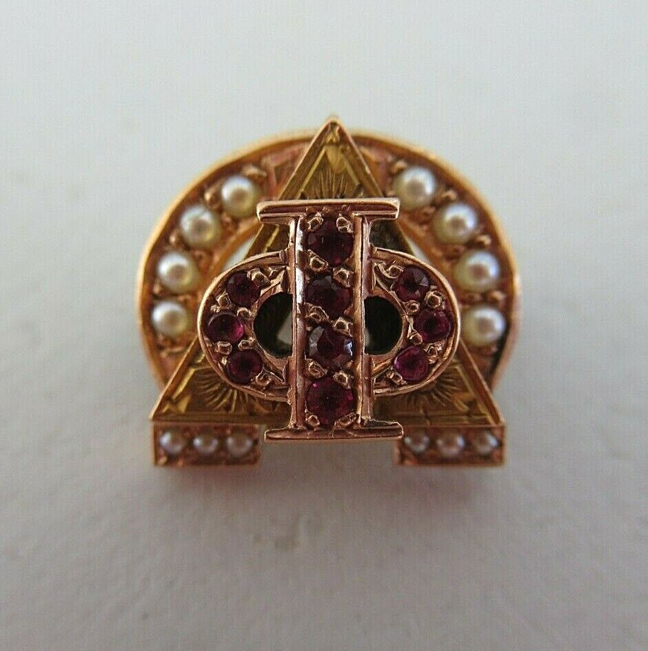USA FRATERNITY PIN PHI DELTA OMEGA. MADE IN GOLD. RUBIES. NAMED. MARKE ...