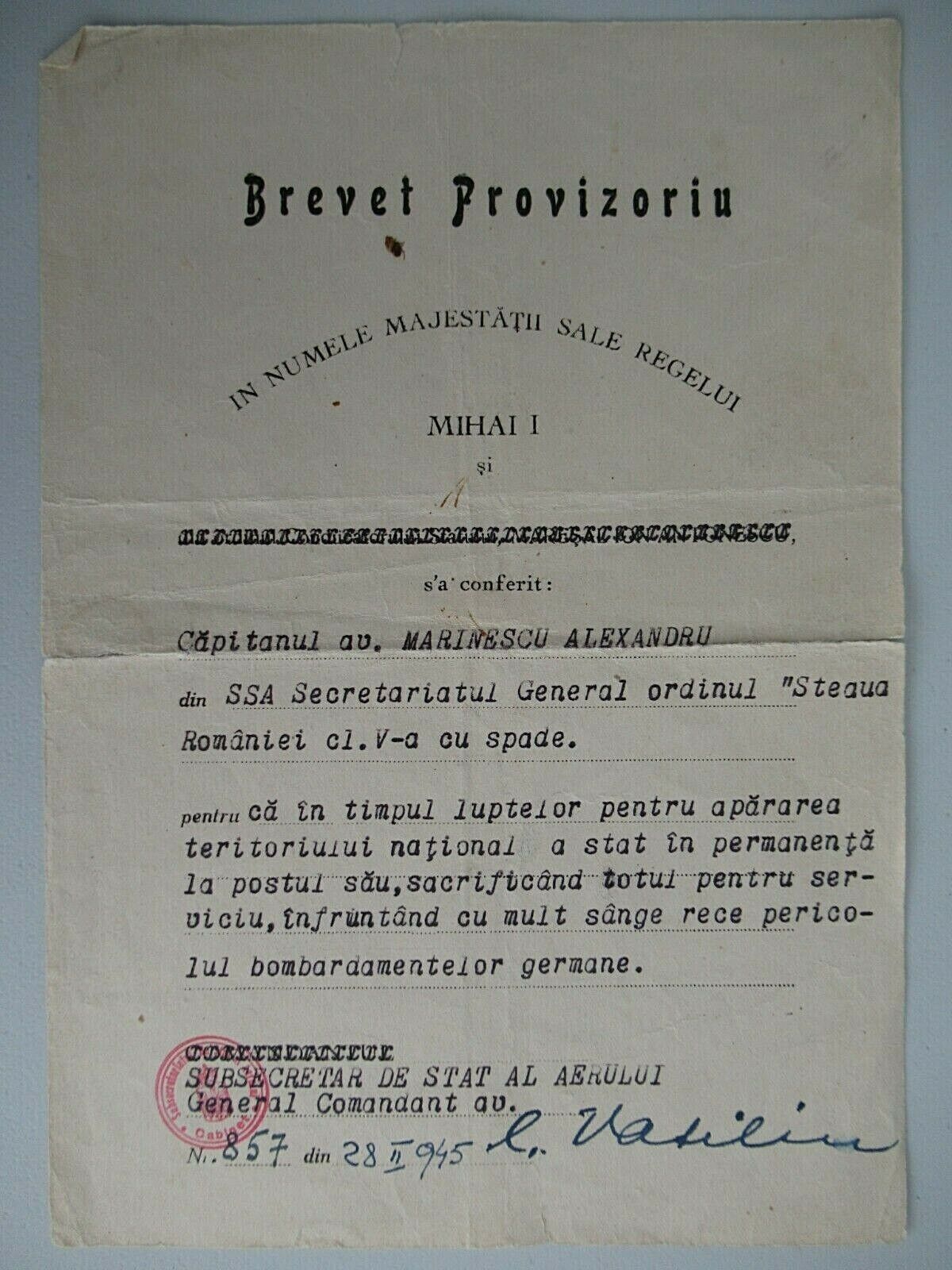 ROMANIA 1945 PROVISIONARY DOCUMENT FOR CROWN ORDER KNIGHT GRADE WITH S ...