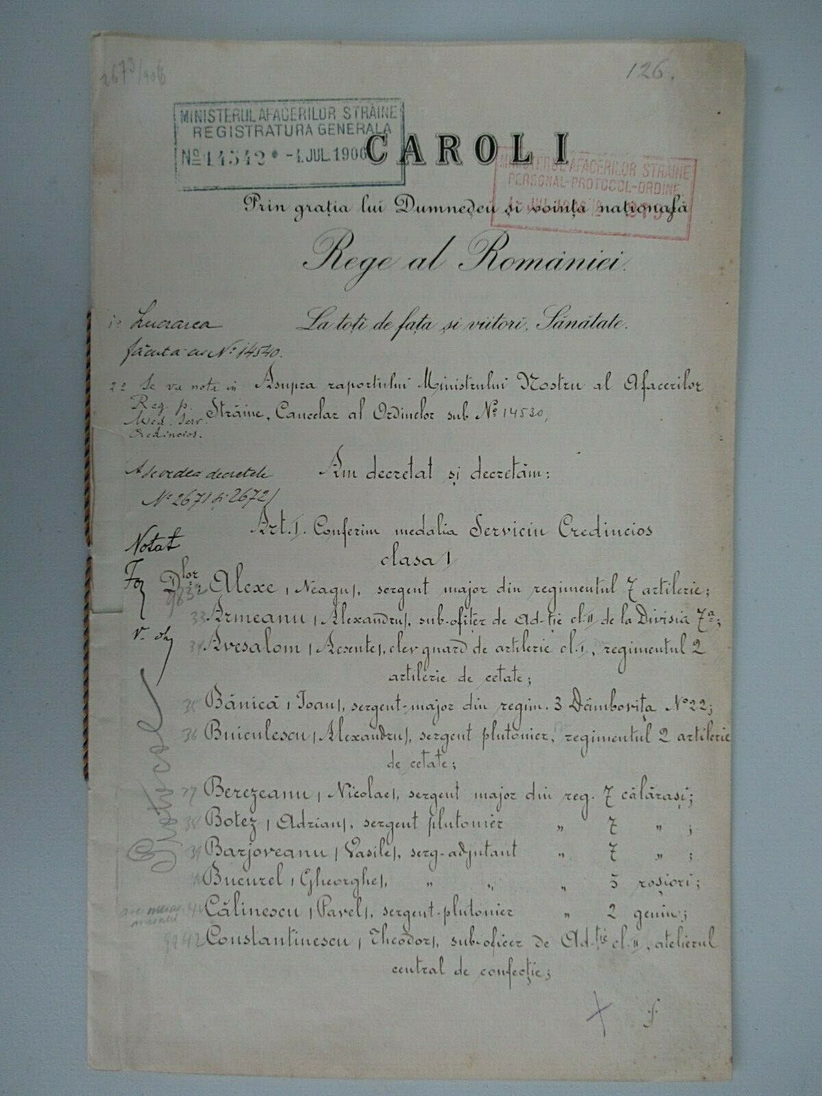ROMANIA 1906 LOYAL SERIVICE DOCUMENT MULTIPLE RECIPIENT HAND SIGNED KI ...